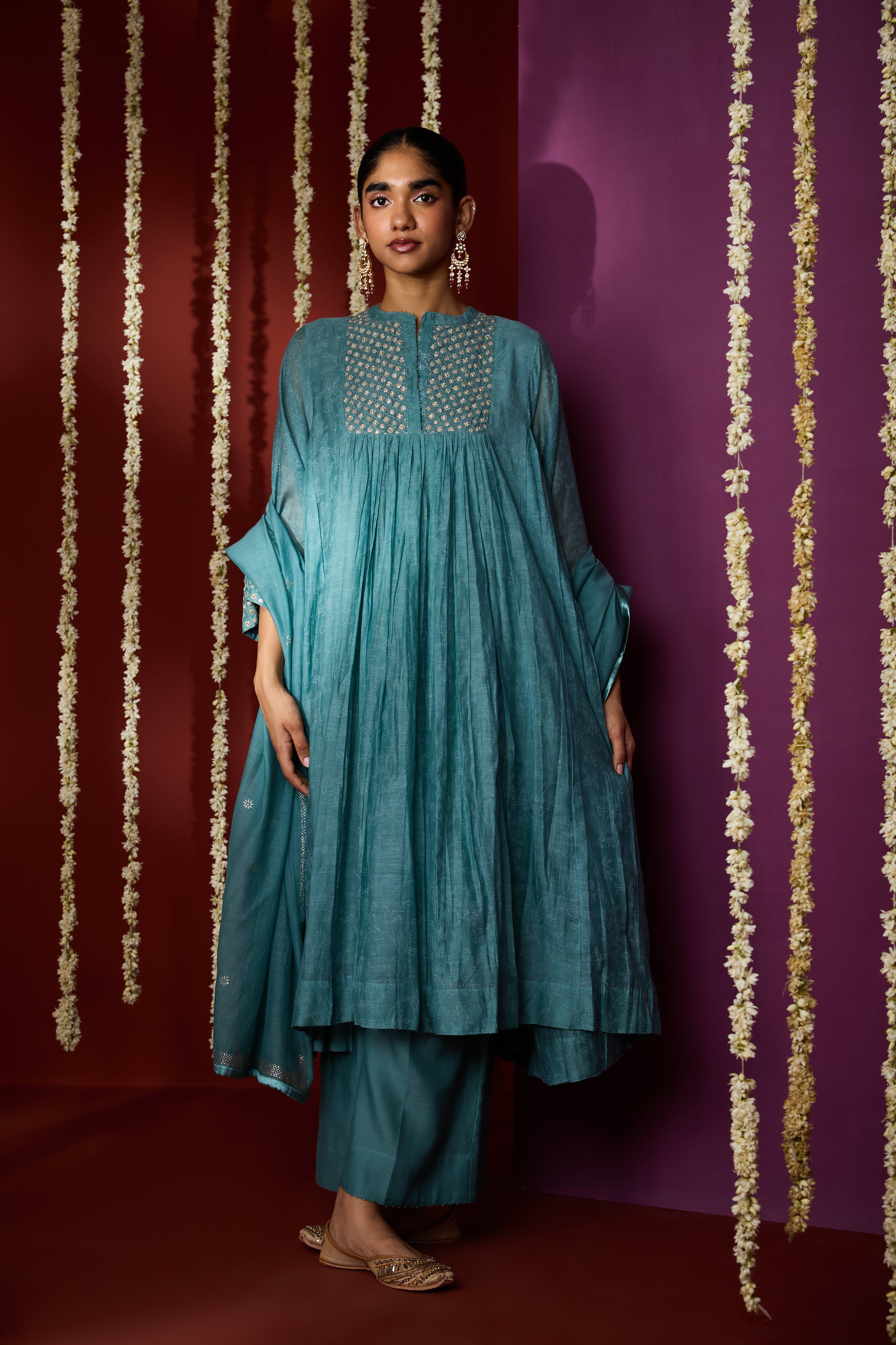 Chanderi Hand Embroidered Kurta - Blue – Bagh India